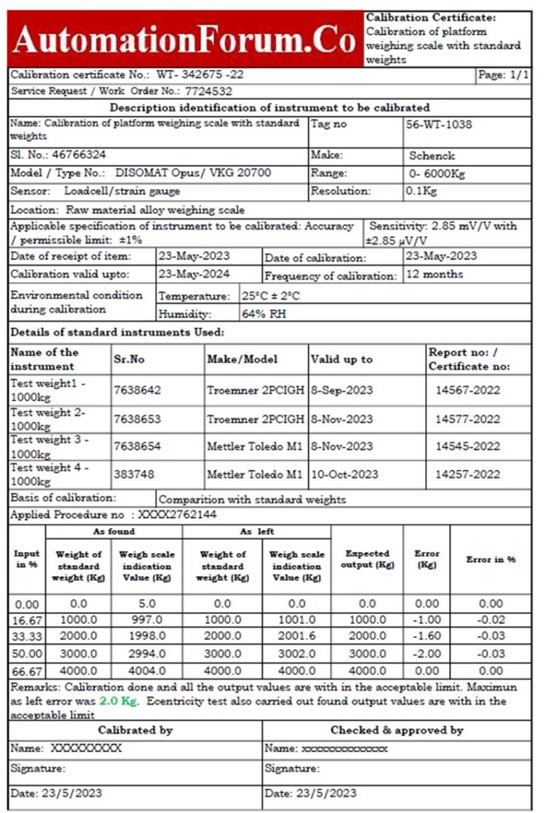 Calibration of industrial platform weighing scale
