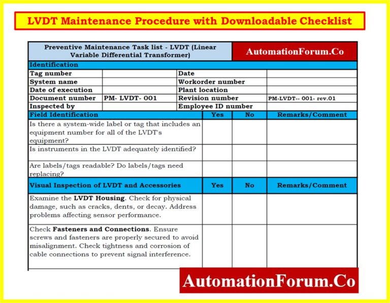 LVDT Maintenance Procedure with Checklist