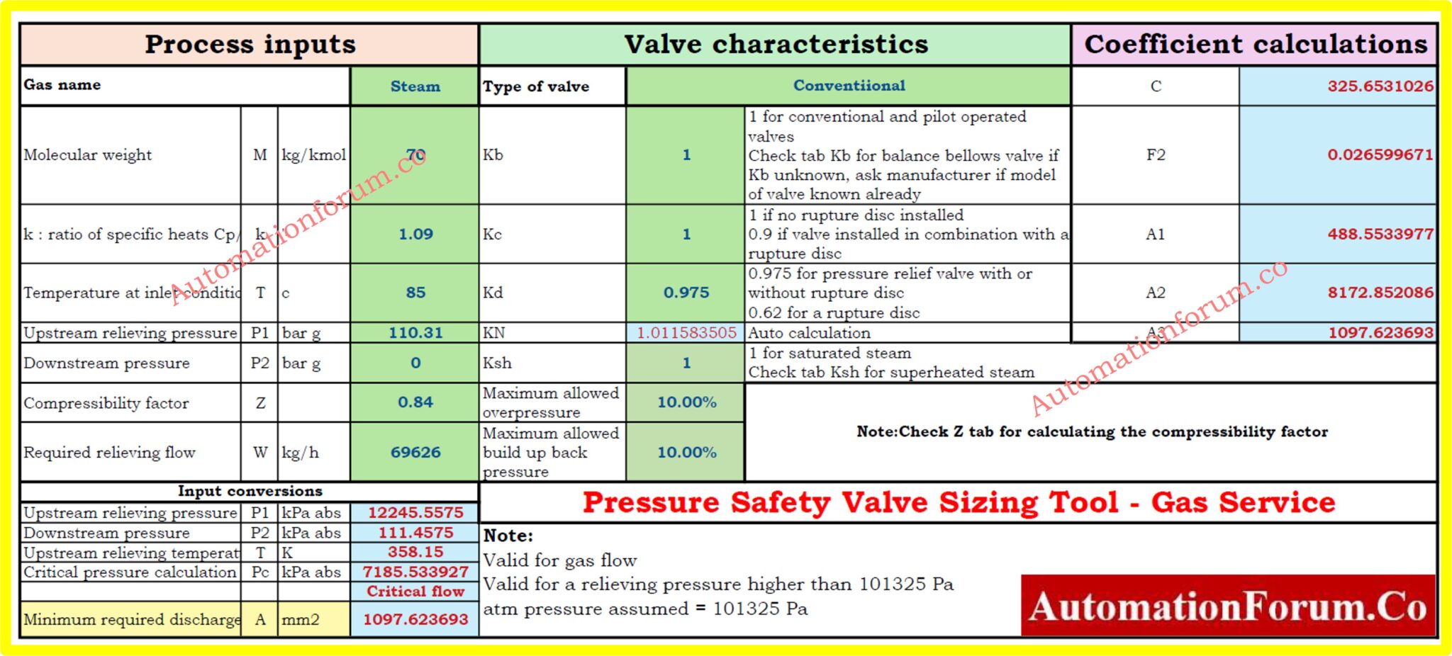Pressure Safety Valve Sizing Excel Tool for Gas Applications