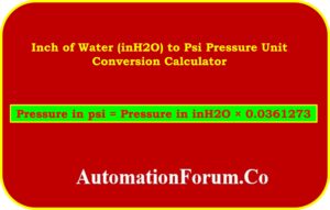 Inch of Water (inH2O) to Psi Pressure Unit Conversion Calculator
