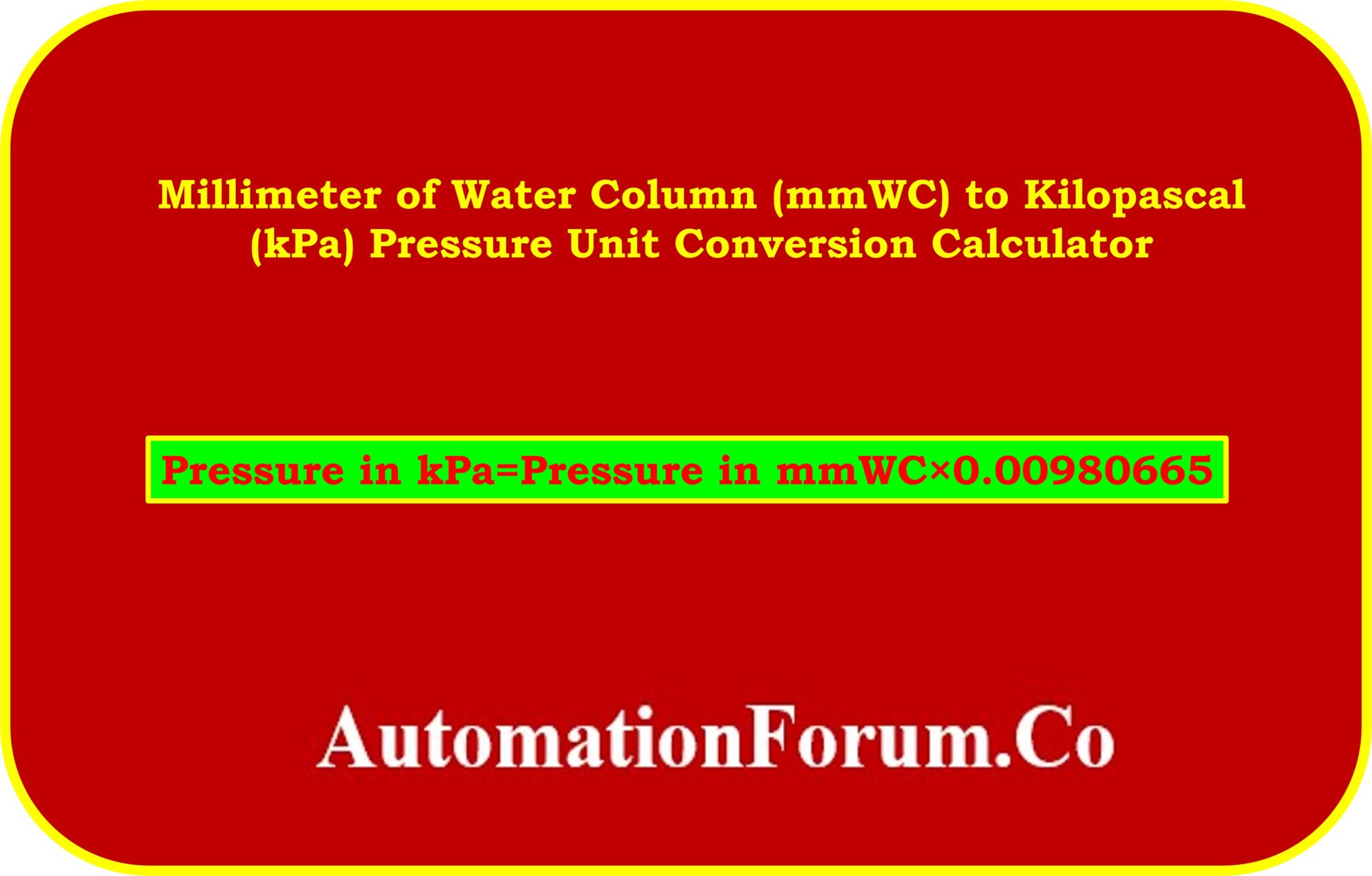 Millimeter of Water Column (mmWC) to Kilopascal (kPa) Pressure Unit ...
