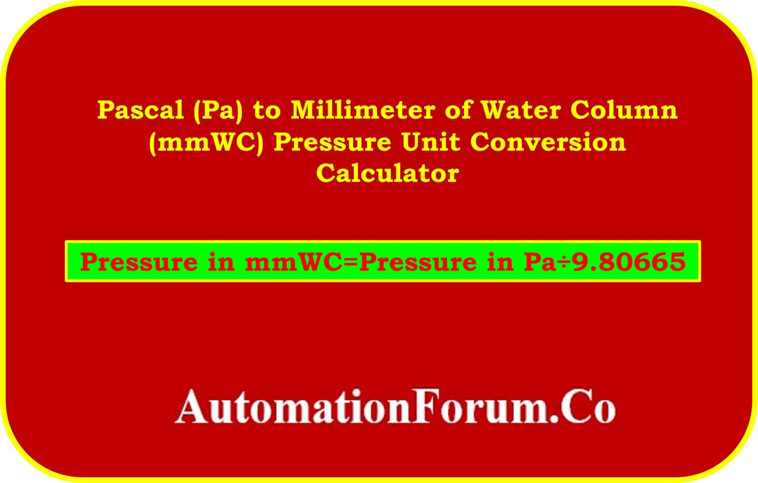 Pascal Pa To Millimeter Of Water Column mmWC Pressure Unit