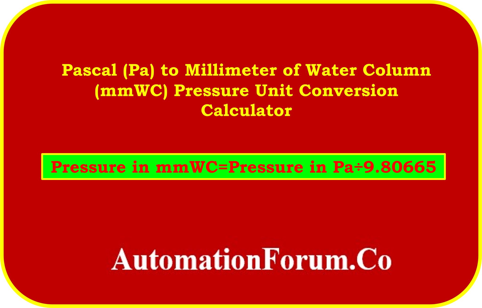 Pascal Pa To Millimeter Of Water Column mmWC Pressure Unit