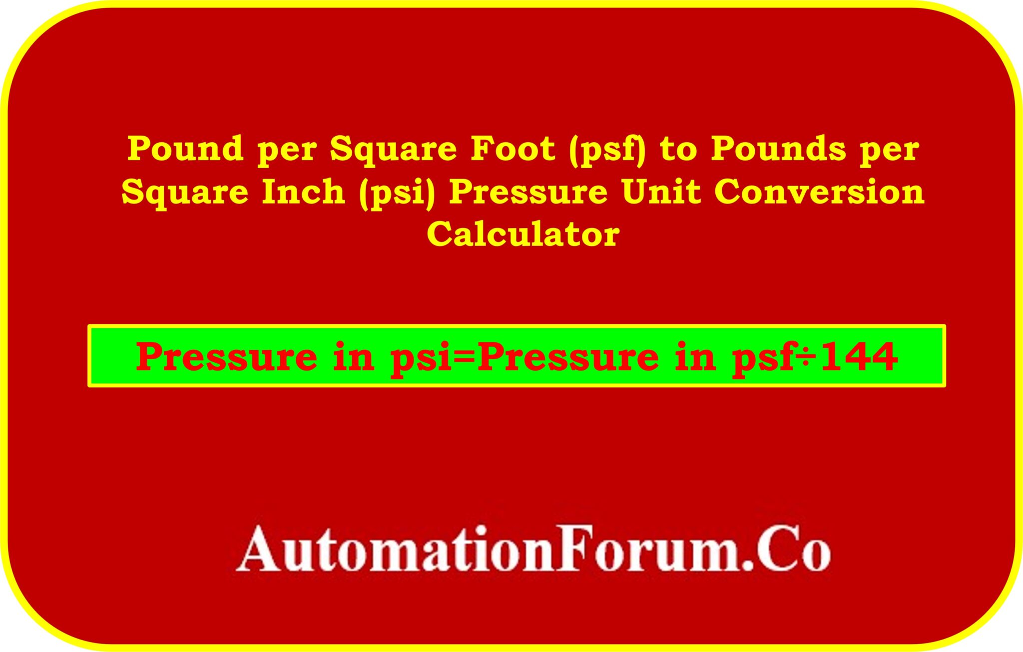 Pound per Square Foot (psf) to Pounds per Square Inch (psi) Pressure ...
