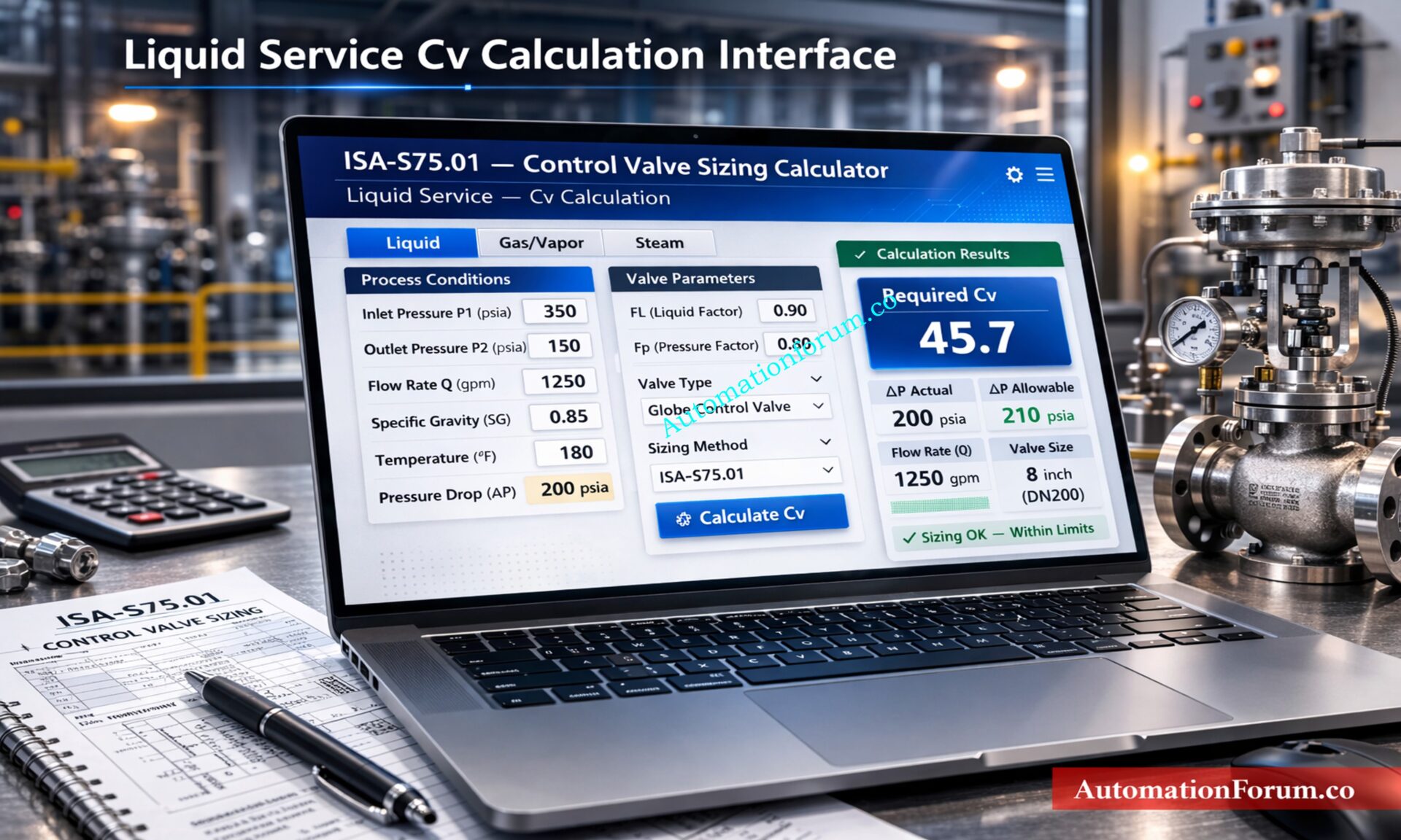 Control Valve Sizing Calculator – ISA S75.01 Cv Guide