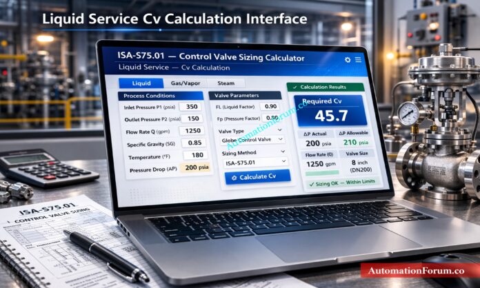 Control Valve Sizing Calculator – ISA S75.01 Cv Guide