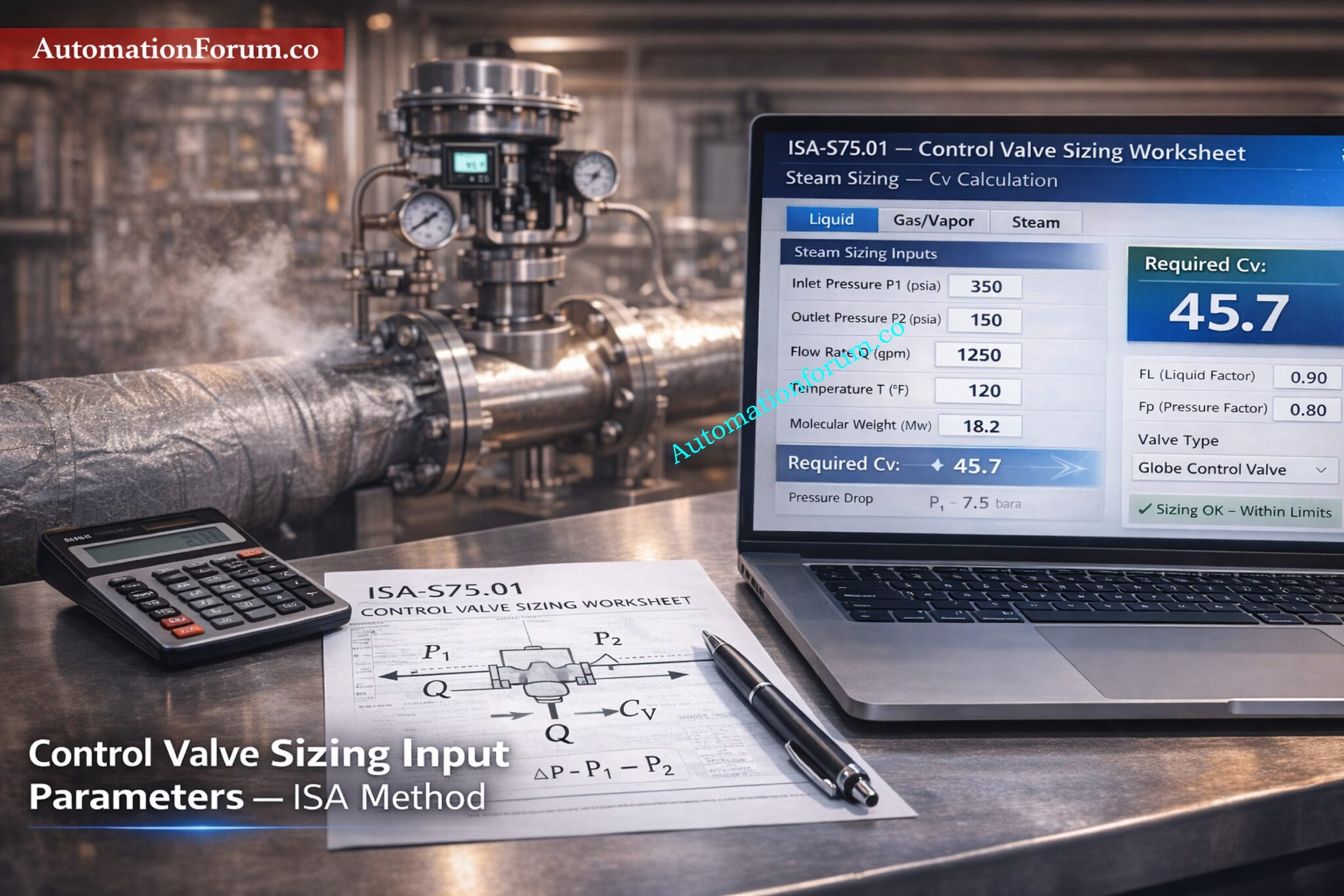 Control Valve Sizing Calculator – ISA S75.01 Cv Guide